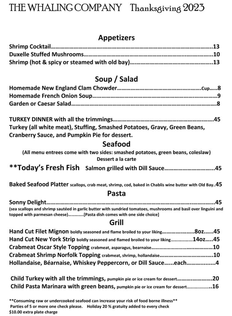 Thanksgiving Menu - The Whaling Company